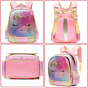 Dorlubel School Backpack for Girls, Kids Backpack Children’s School Bag Cat face Diamond Glitter BookBags for Elementary (Pink Blue Cat)