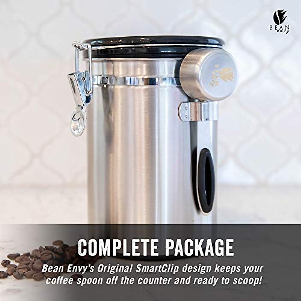 Bean Envy Coffee Canister - 22.5 oz Coffee Storage Container and Organizer w/Stainless Steel Scoop, Date Tracker & Co2-Release Valve - Essential Coffee Accessories, Steel