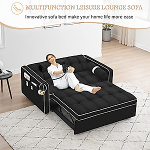 Antetek Upgraded Sleeper Sofa Couch Bed with Phone Holder, 3 in 1 Small Modern Convertible Velvet Loveseat Futon Sofa w/Pullout Bed, Adjustable Backrest for Living Room Apartment, Small Space, Black