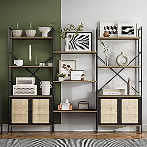 IKIFLY Triple Wide 4-Tier Bookshelf, Bookcase with 4 Doors Rattan Storage Cabinet, Industrial Storage Cabinet w/Open Display Shelf, Wood and Metal Bookshelf in Office, Living Room, Study, Bedroom