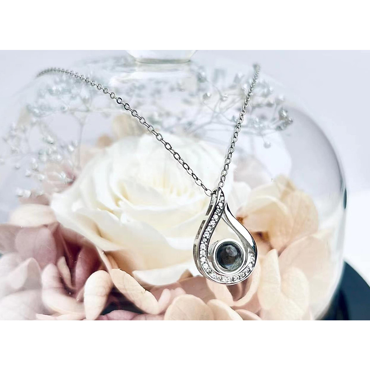 Auinniuz Sterling Silver Teardrop Pendant Necklace Personalized Custom Photo Projection Waterdrop Necklace Gift for Girlfriend Wife Mom Silver