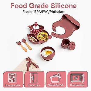 Silicone Baby Feeding Set, Baby Led Weaning Supplies with Suction Plate and Bowl, Toddler Plates and Bowls Set with Spoons Forks Sippy Cup Adjustable Bib, Eating Utensils