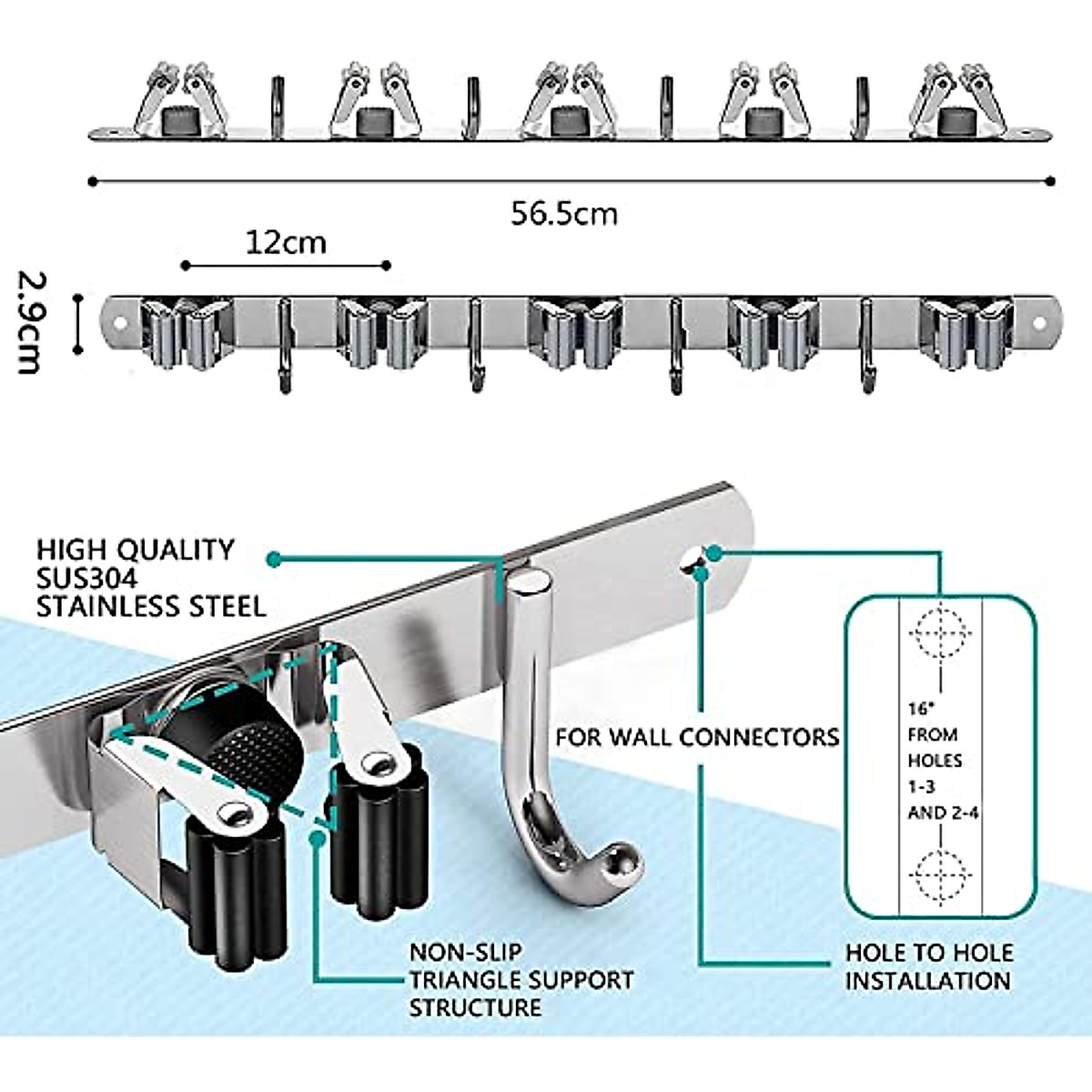 Zollyss Broom Mop Holder Wall Mount Stainless Steel Wall Mounted Storage Organizer Heavy Duty Tools Hanger with 5 Racks 4 Hooks for Kitchen Bathroom Closet Garage Office Garden-1Pc