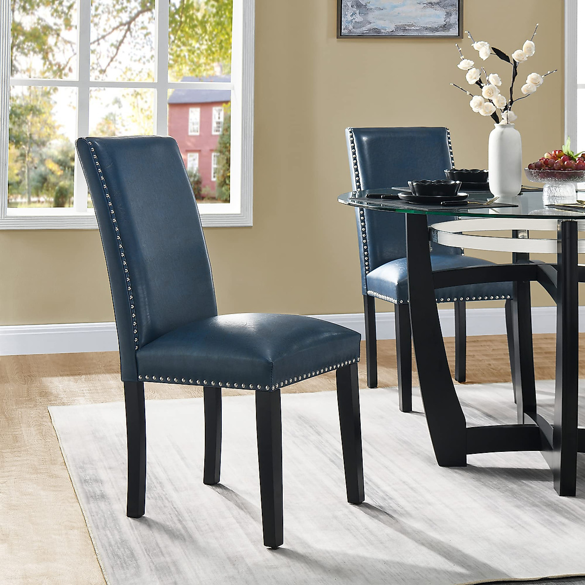 Tempered Glass Dining Table Chair Set with 2 Leather Upholstered Chairs 48" Round Kitchen Table w/ Glasstop & 2 Table Side Chairs for Dining Room Home Kitchen, Transparency&Purplish Blue-2P