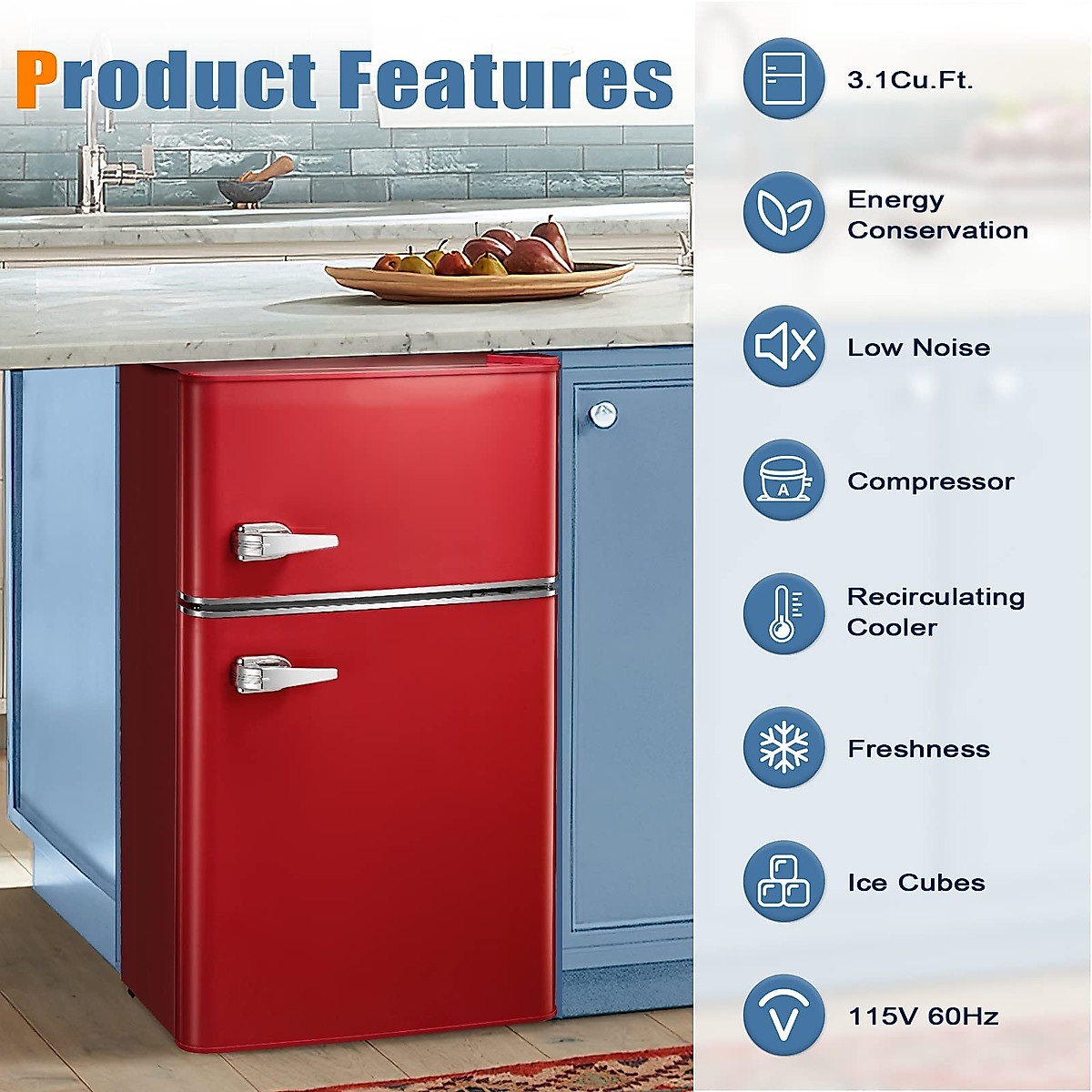 Antarctic Star Mini Refrigerator 3.1Cu.Ft Compact Refrigerator 2-Double Doors with a Freezer Low Noise Defrost Storage of Beverages Vegetables and Fruits for Home Office Dormitory Red