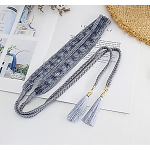 Women Girls Braided Knotted Waist Belt Skinny Mixed Color Rope Exotic Chain Tassel for Dress Skirt (Grey Lace)