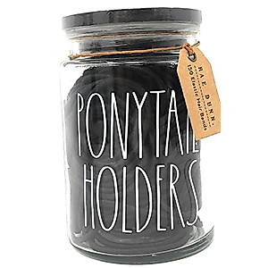 Rae Dunn by Magenta LL PONYTAIL HOLDERS Large Jar, 150 elastic hair bands ties, 5.5" tall x 3.75" wide, Glass, Bathroom, Bedroom, Scrunchy, Holder, Storage, Organizer, Apothecary, Vanity