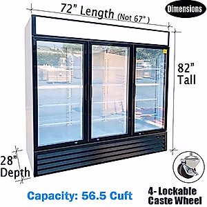 Commercial Refrigerator Glass 3-Door Merchandiser Display Cooler Case Fridge NSF, Bottom-Mounted 71 inches width, capacity 56 cuft 110V, Restaurant Kitchen Cafe GDM-69B