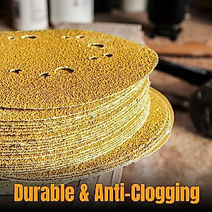 POWERTEC 44012G-50 5 Inch 8 Hole Hook and Loop Sanding Discs, 120 Grit, 50 PK, Sandpaper for Ramdom Orbital Sanders, Air Sander, Pneumatic Sander, Auto Body Shop