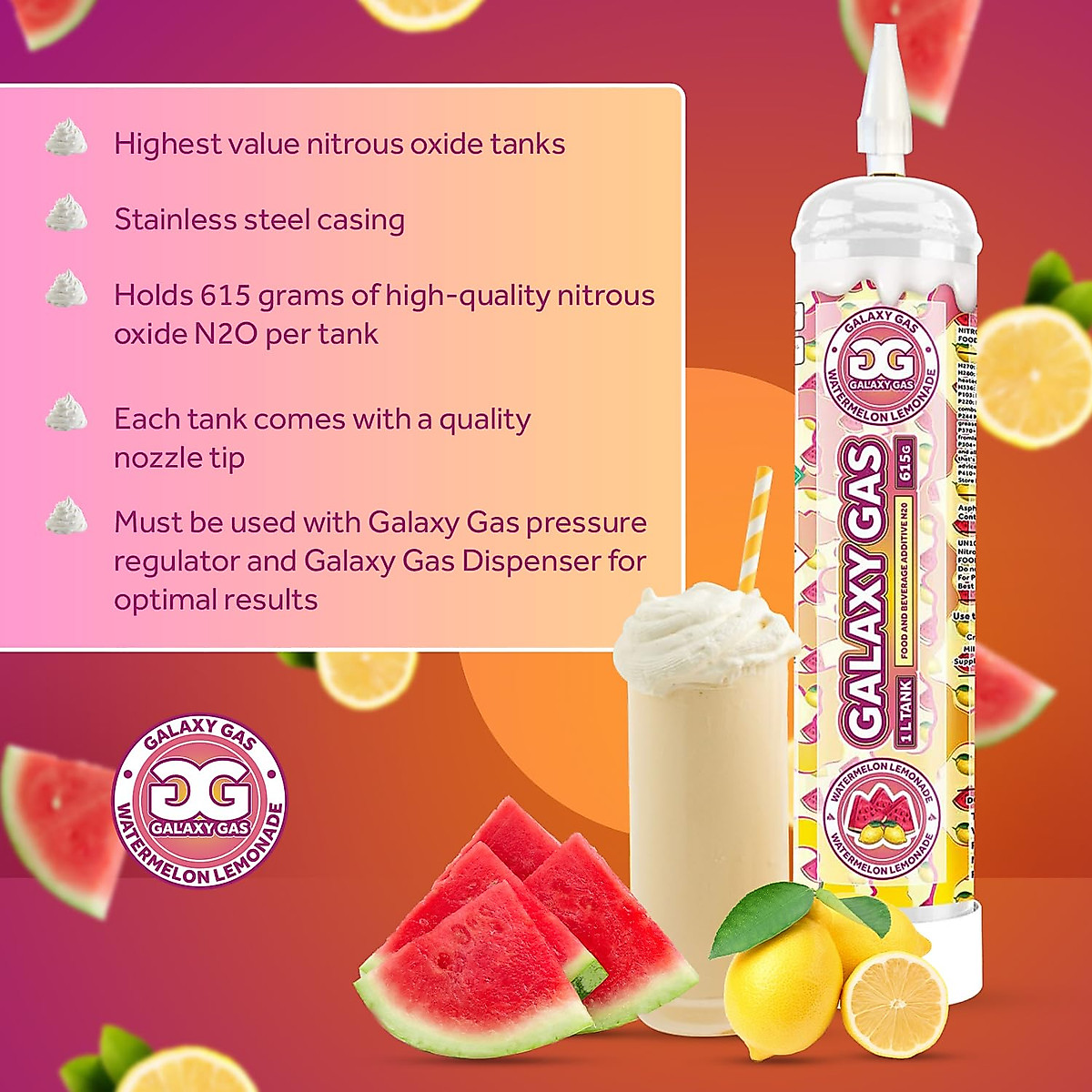 Galaxy Gas Watermelon Lemonade Whipped Cream Dispenser Tank, Nitrous Oxide, 1L, 615 Gram, 1 Cylinder