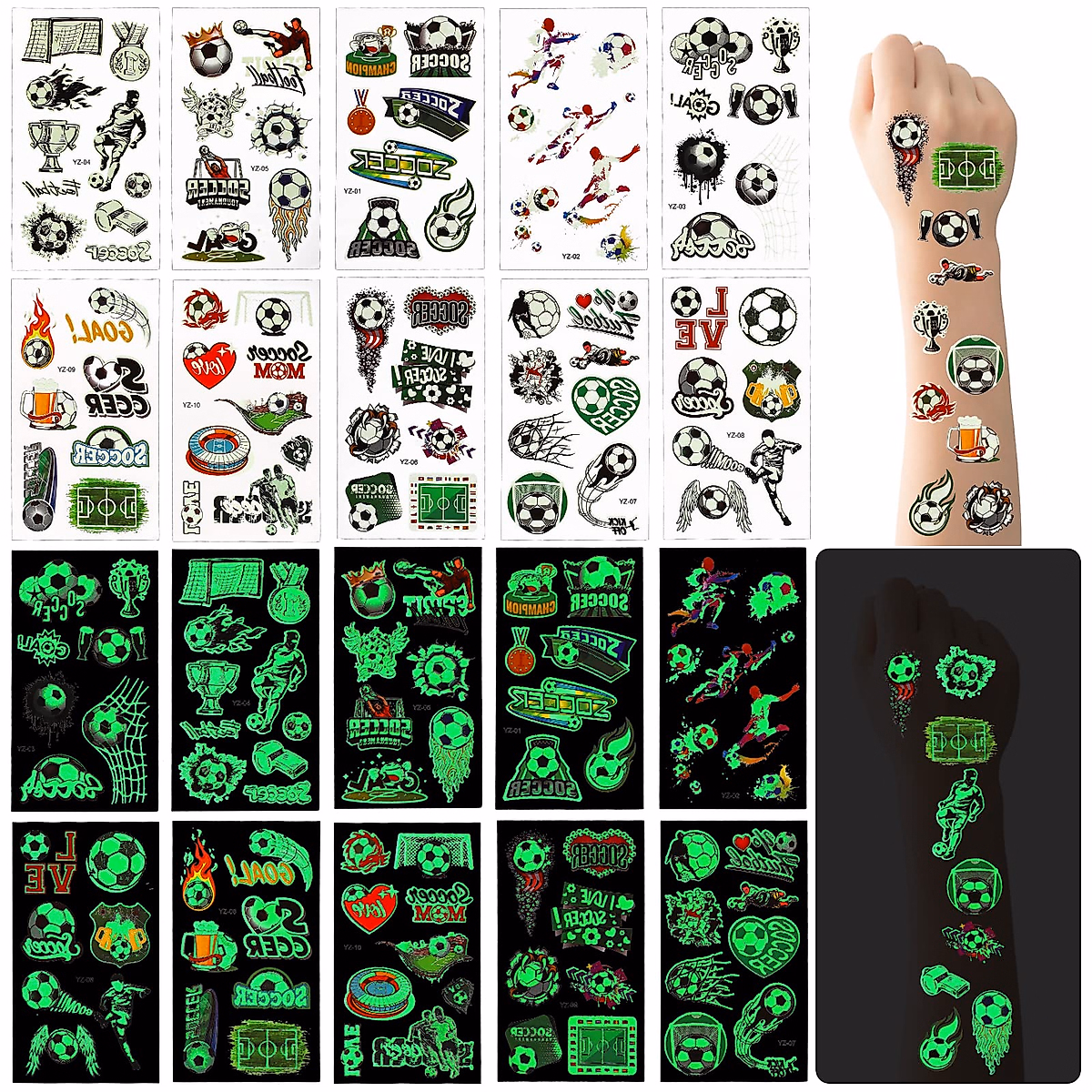 30 Sheets Soccer Ball Glow Temporary Tattoos Stickers for kids, Glow in The Dark Football Tattoo Stickers, Soccer Theme Luminous Temporary Stickers for Kids