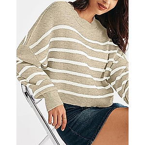 MEROKEETY Womens Striped Cute Trendy Going Out Side Split Pullover Sweater for Teen Girls, Oatmeal, Small