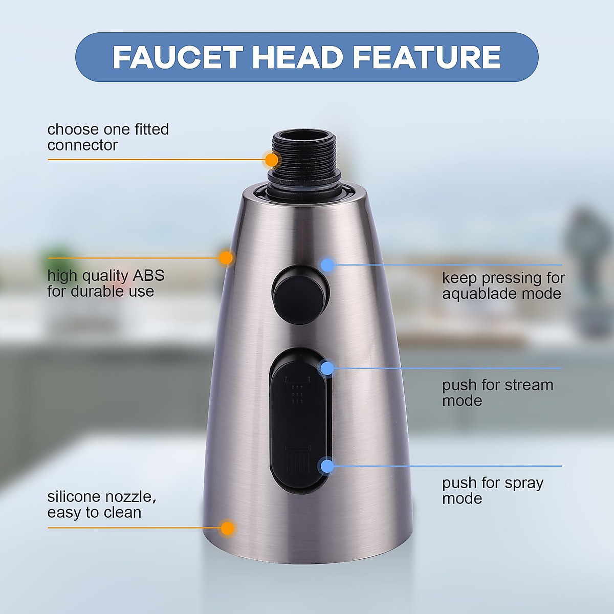 WOWOW Kitchen Faucet Head Replacement Brushed Nickel, 3 Function Pull Out Spray Nozzle with 9 Adapters for Kitchen Sink Faucet，American Standard for Moen Kohler Delta Faucets G1/2 Male Connector