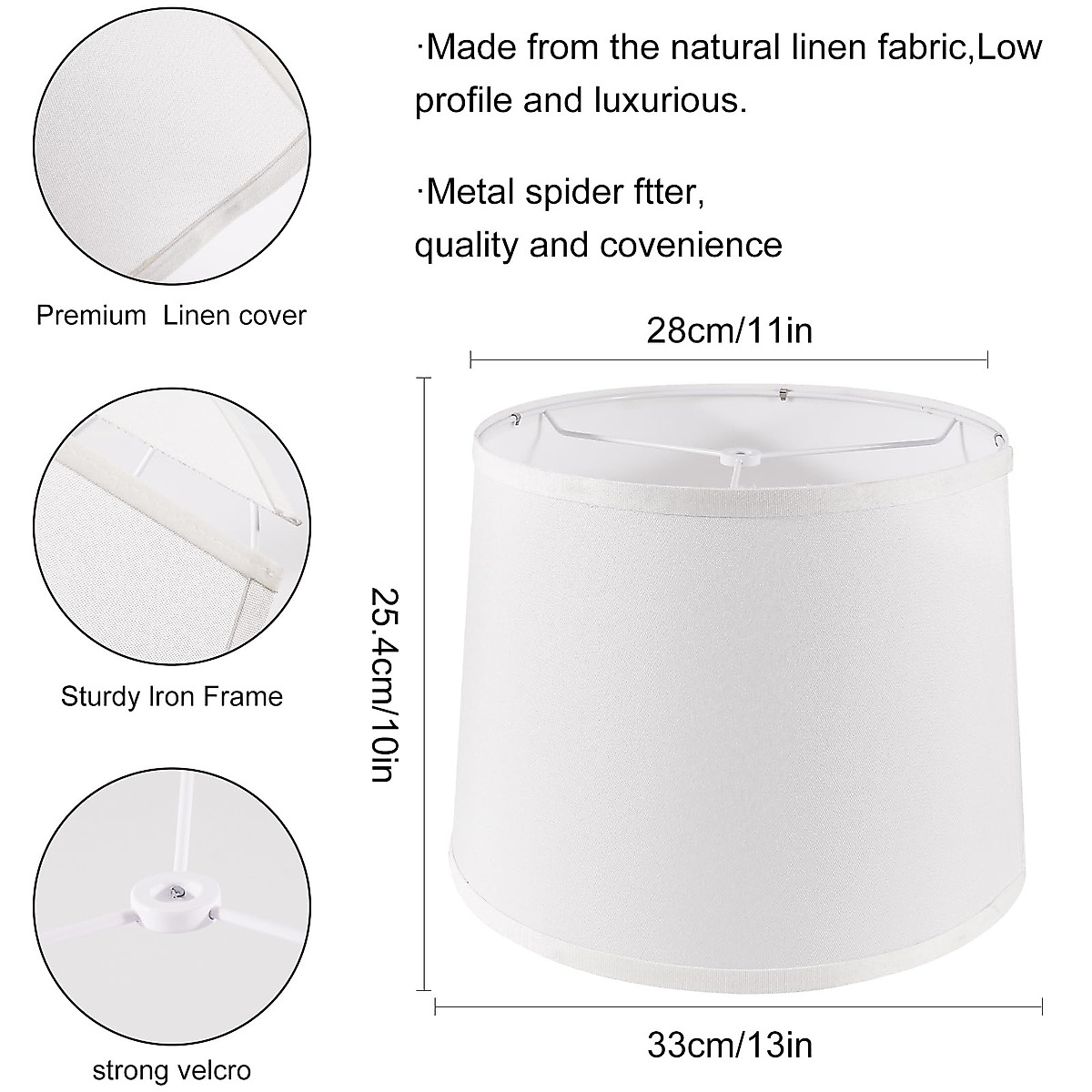 Lamp Shades Set of 2, 11"x13"x10" Large White Lampshades, Drum Lampshade for Table Lamps Floor Lamp, Natural Linen Fabric Replacement Lamp Shade, Hand Crafted Medium Lampshade, Easy Assembly