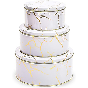 Juvale Nesting Tins Set, White Marble Canisters with Lids, Gold Print (3 Sizes)