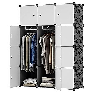 KOUSI Portable Closet Wardrobe Closet Clothes Closet Bedroom Armoire Storage Organizer with Doors, Spacious & Sturdy, Extra Space & Durable Black HHRBYG-TZ (6 Cubes&2 Hanging Section)