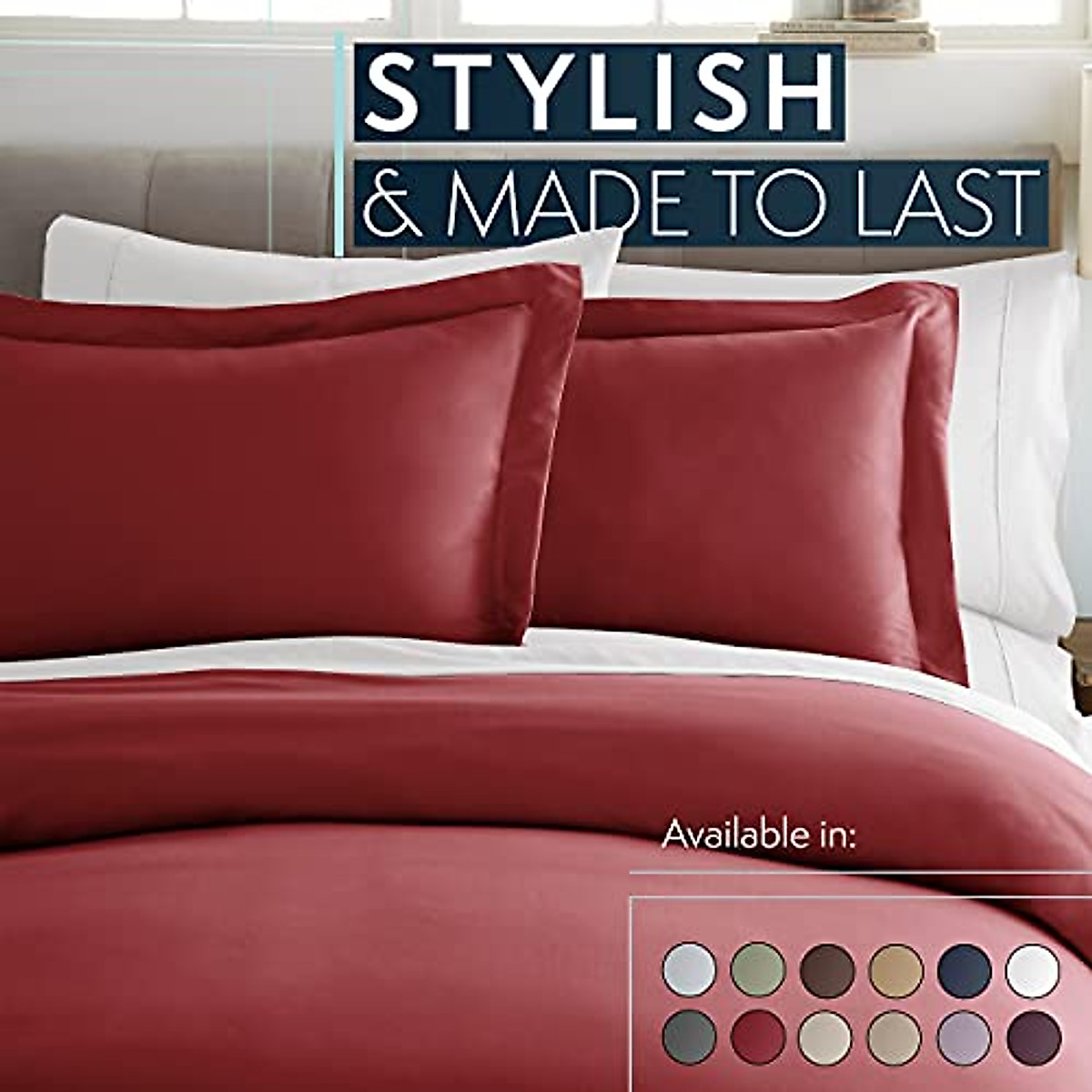 HC COLLECTION 1500 Thread Lightweight Duvet Cover Bed Linen Set with Zipper Closure for Comforters with 2 Pillow Shams, Queen, Burgundy