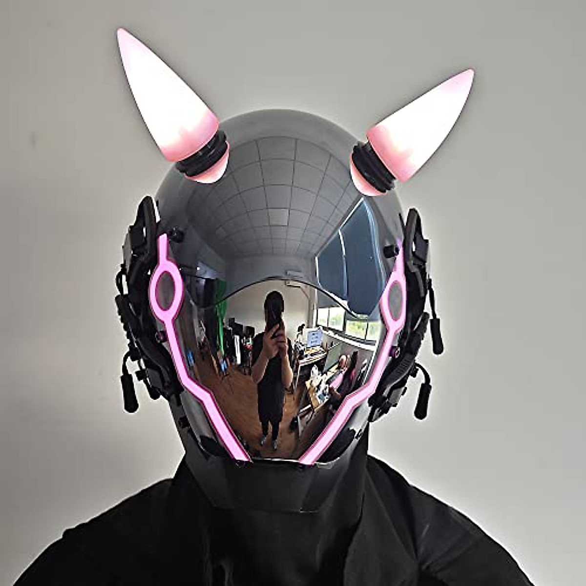 KYEDAY Punk Mask for Men, LED Ox horn Mask,Futuristic Punk Techwear, Cosplay Halloween Fit Party Music Festival Accessories (pink)