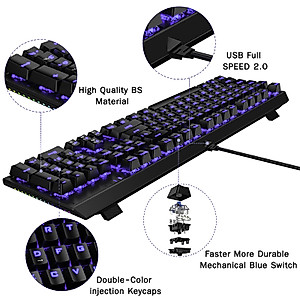 GOFREETECH Mechanical Gaming Keyboard, Blue LED Backlit RGB Wired USB Keyboard with Switch, Spill Resistant, Ergonomic 104 Keys Mechanical Keyboard for PC Laptop Computer (Black)
