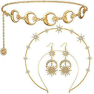 Cunno 3 Pieces Crown Earrings for Women Belt Chain Set Stars Crown Drop Earrings Moon Star Body Chain Belt (Elegant)