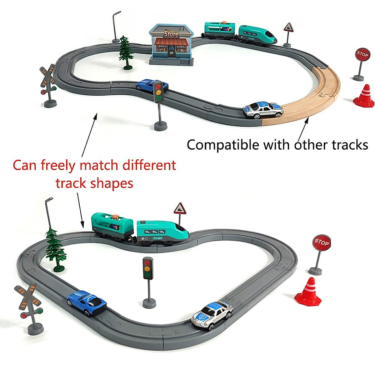 DSHMIXIA Battery Operated Train Set for Kids Electric Train Sets Toys for 3 Year Old Boys 4-7 8-14 Around Wooden Train Track Set for Christmas Tree (City Track Train)