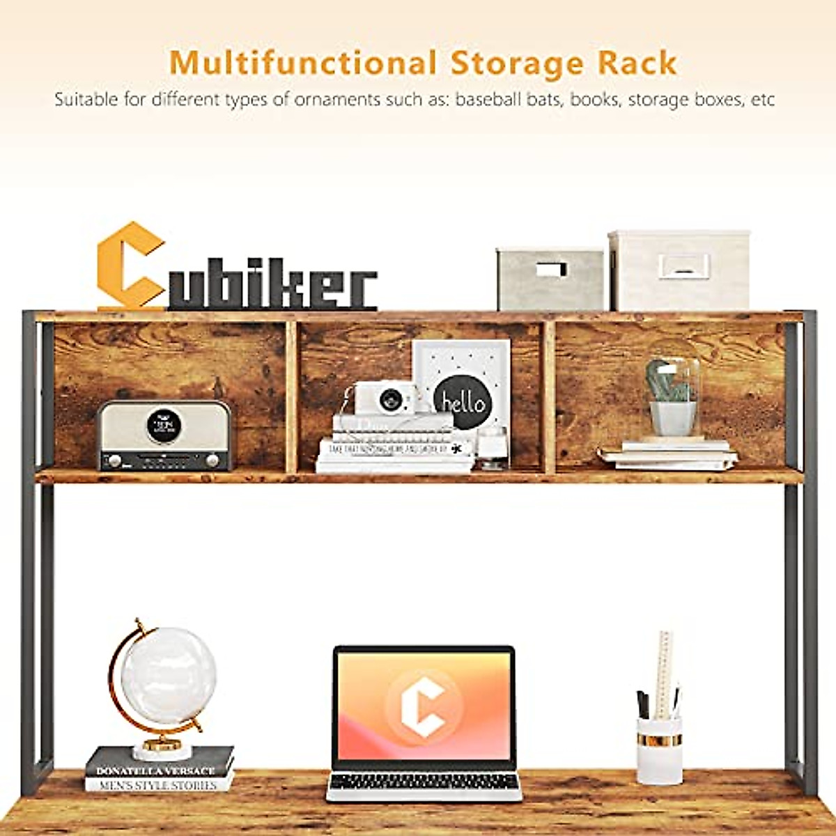 Cubiker L-Shaped Desk with Hutch, 60" Corner Computer Desk, Home Office Gaming Table with Storage Shelves, Space-Saving, Rustic Brown