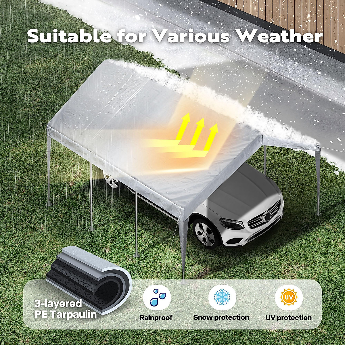 VIVOHOME 12x20ft Carport Replacement Canopy Cover, 180G Waterproof & UV Protected Tarp with 44 Elastic Buckles Suit for Garage Shelter, Frame is Not Included