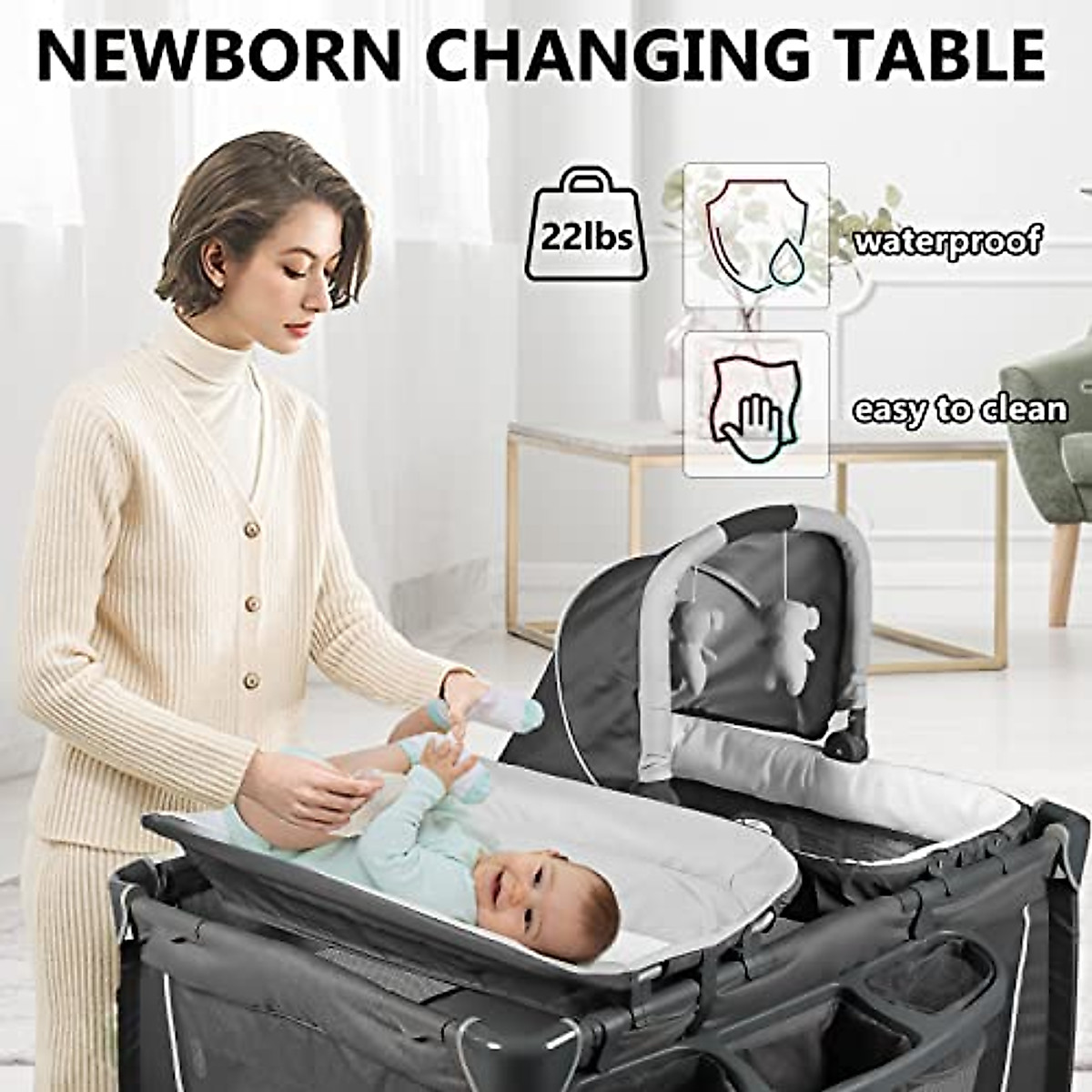 Kinder King 5 in 1 Portable Nursery Center, Foldable Playard for Baby & Toddler, Infant Pack n Play w/Bassinet, Mattress, Newborn Changing Table, Cradle, Travel Bag, Music Box, Storage Basket, Grey