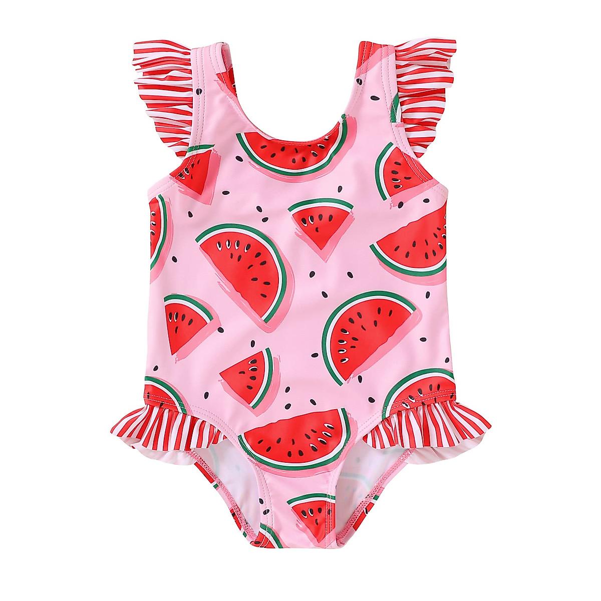 Tiny Cutey Toddler Girl Swimsuit Ruffled Stripe Sleeveless Swimwear One-Piece Baby Girl Bathing Suits (Pink-Watermelon, 12-18 Months)