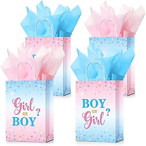 16 Set Gender Reveal Party Gift Bags with Tissue Paper Baby Shower Party Gift Bags, Pink Blue Treat Candy Bags Gender Reveal Paper Bags with Handles