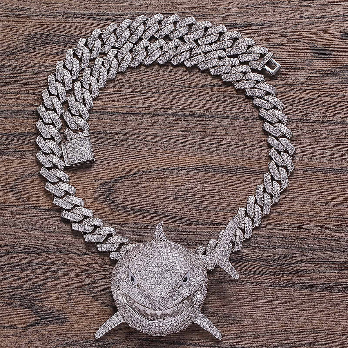 Xikui Diamond Necklace Chain, 18K Gold Plated Hip Hop Shark Pendant with Cuban Chain Width 13MM Length 19.7in(50cm) for Men/Women(silver)