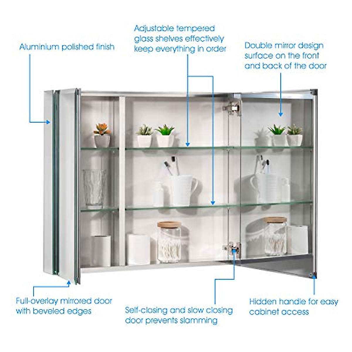 Movo Double Doors Medicine Cabinet with Mirror, 30 inch X 26 inch Aluminum Bathroom Medicine Cabinet, Adjustable Glass Shelves, Waterproof and Rust-Resist, Recess or Surface Mount Installation
