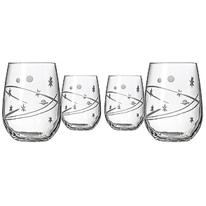 Rolf Glass Space Stemless Wine Glass 17 ounces | Lead-Free Glass | American Made Glass Design | Etched Tumbler Glasses | Planets and Stars - for the Space Enthusiast's Thirst (Set of 4)