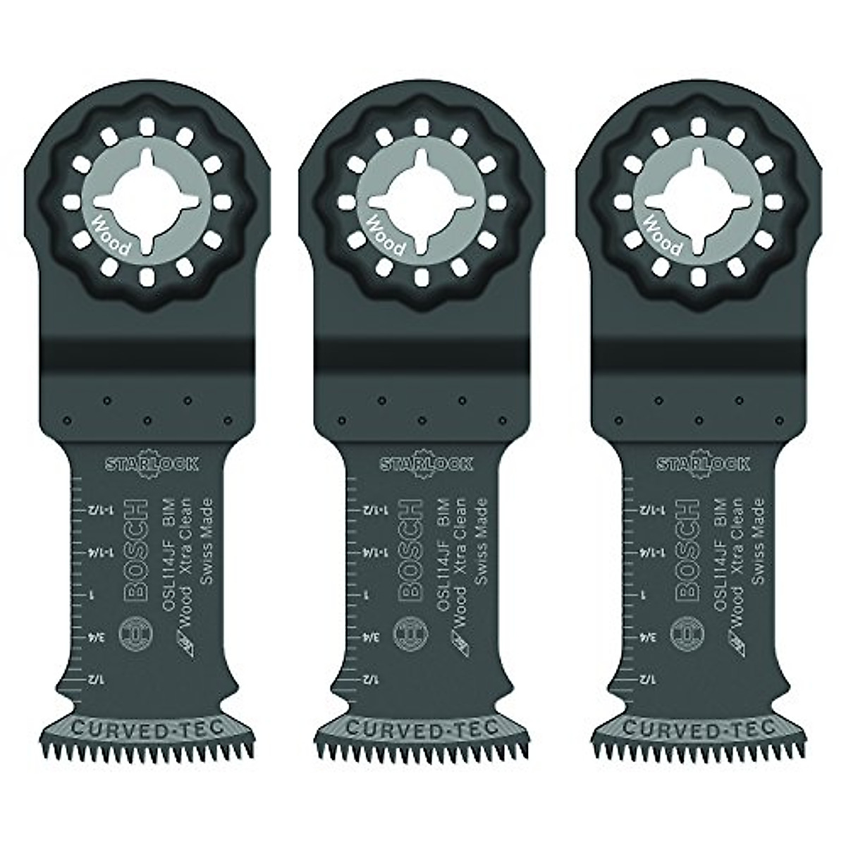 BOSCH OSL114JF-3 3-Pack 1-1/4 In. Starlock Oscillating Multi Tool Wood Curved-Tec Bi-Metal Xtra-clean Plunge Cut Blades for Applications in Cutting Wood, Hardwood, Laminate