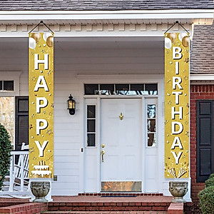 Gold White Happy Birthday Door Banner Decorations for Women Men, Golden Happy Birthday Porch Sign Party Decoration, White Gold 10th 16th 21st 30th 40th 50th 60th Bday for Outdoor Indoor