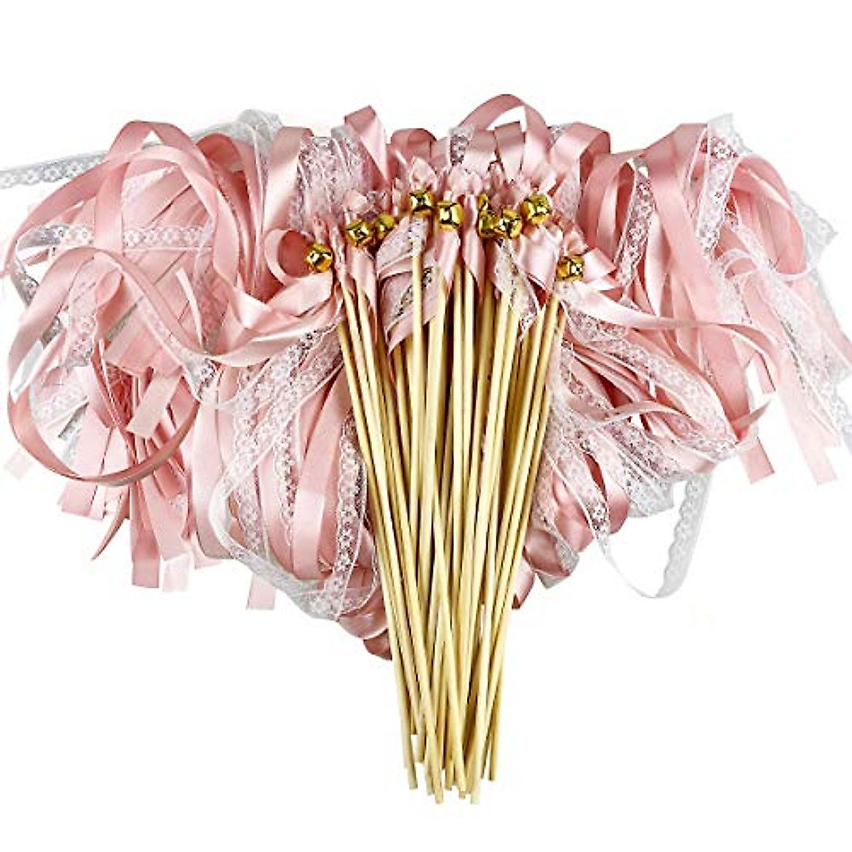 Cieovo 50 Pack Ribbon Fairy Wands Party Sticks Streamers with Bells Fairy Stick Wish Wands for Baby Shower Birthday Wedding-Waving Party Favors Holiday Celebration (Rose Gold)
