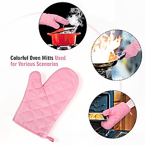 Heat Resistant Thick Cotton Oven Mitts Set, Soft Quilted Lining, Strong Grip Potholders for Hot Pans and Oven, Kitchen Mitt Pair Protect Hands, Cooking Baking BBQ Gloves, 11 Inch, Pink