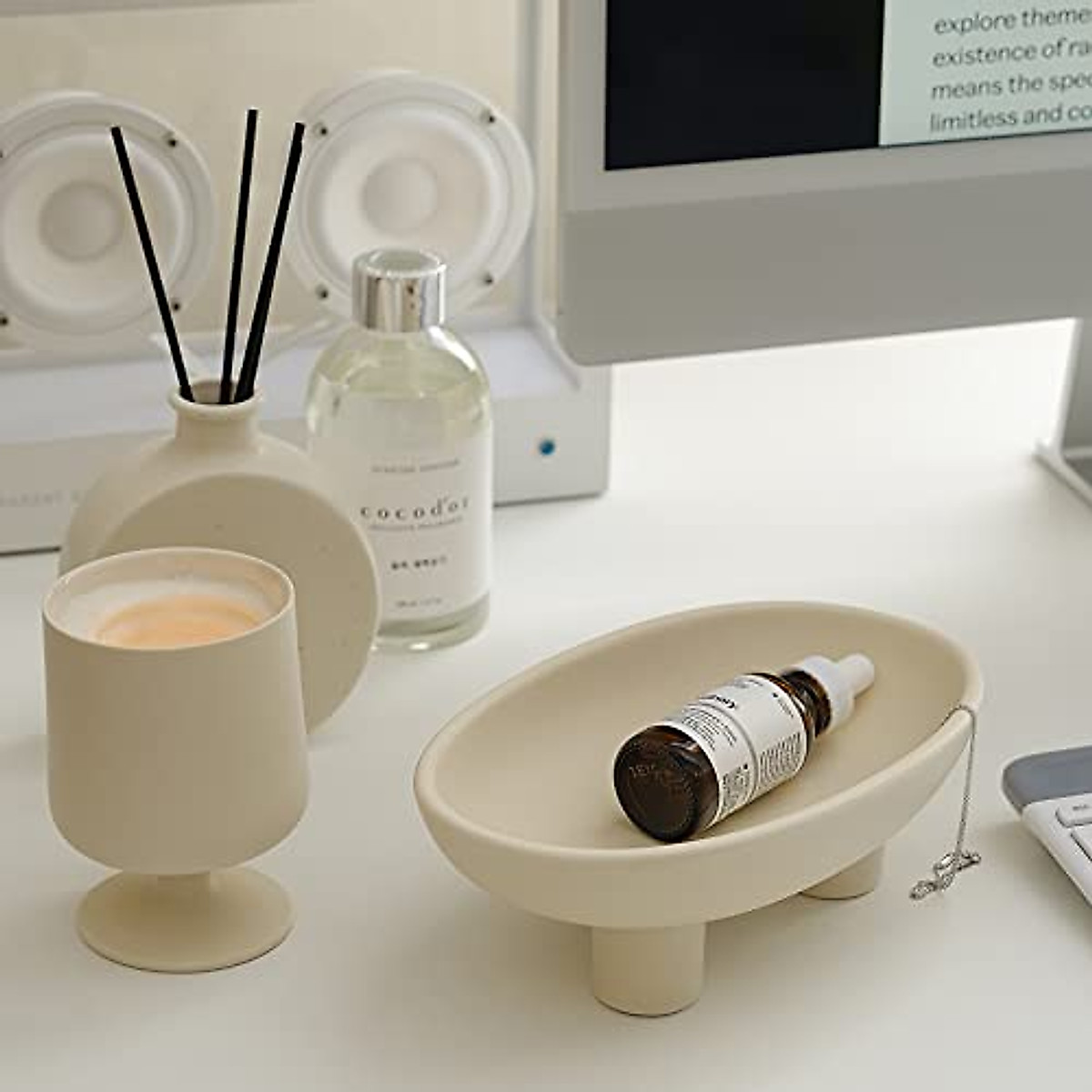 WENSHUO Three-Legs Vanity Tray, Bathroom Soap Dishes, 7-inch Oval, Matte Crème