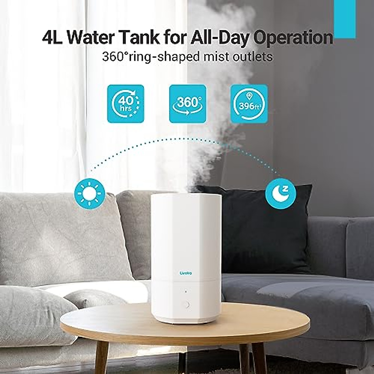 Livatro 4L Top Fill Humidifiers for Bedroom Large Room Nursery, Cool Mist Humidifier With Ultrasonic Quiet, Auto Shut-off and Easy to Clean, Last up to 40 Hours, White