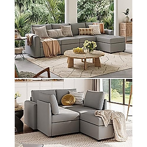 LINSY HOME Modular Sectional Sofa, Convertible L Shaped Sofa Couch with Storage, Memory Foam, Modular Sectionals with Ottomans, 5 Seat Sofa Couch with Chaise for Living Room, Grey