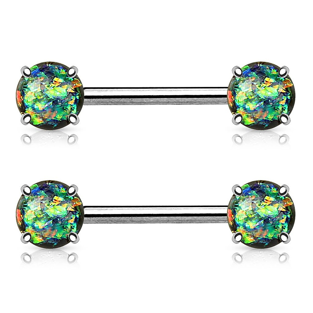 Lobal Domination Pair of Prong Set Synthetic Opal Glitter Nipple Rings/Shields/Barbells - 316L Surgical Steel (Dark Green Opal)