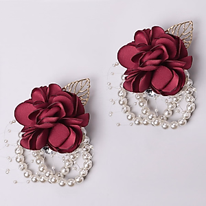 Yerpkefey Wrist Corsage and Boutonniere Set, 2 Wine Red Rose Wrist Corsages for Bridesmaids Flower Girl, Wedding Party for Prom Photo Shoot Bridal