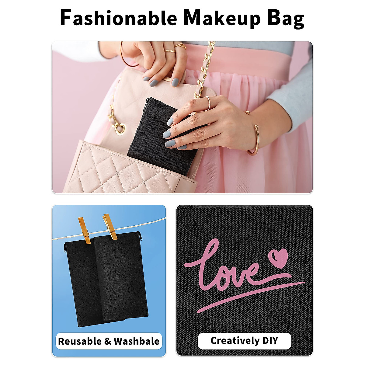 JARLINK 16 Pack Blank Canvas DIY Craft Pencil Case with Zipper, Multipurpose Traveling Toiletry Pouch Bags for School, Makeup, Cash, Office, Bill, Receipt Storage, 8.3’’ x 4.6’’ Inch (Black)