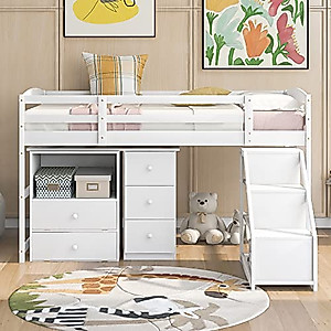 HYC Twin Loft Bed with Multifunctional Movable Built-in Desk, Wood Low Loft Bed with Stairs, for Kids Teens Girls Boys,White