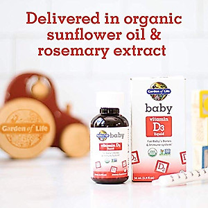 Garden of Life Baby Vitamin D3 Liquid, 600 IU (15 mcg) Organic Liquid Vitamin D for Infants & Toddlers, Support for Baby's Bones & Immune System, Gluten Free & Non-GMO, 56 mL (1.9 fl oz) Liquid