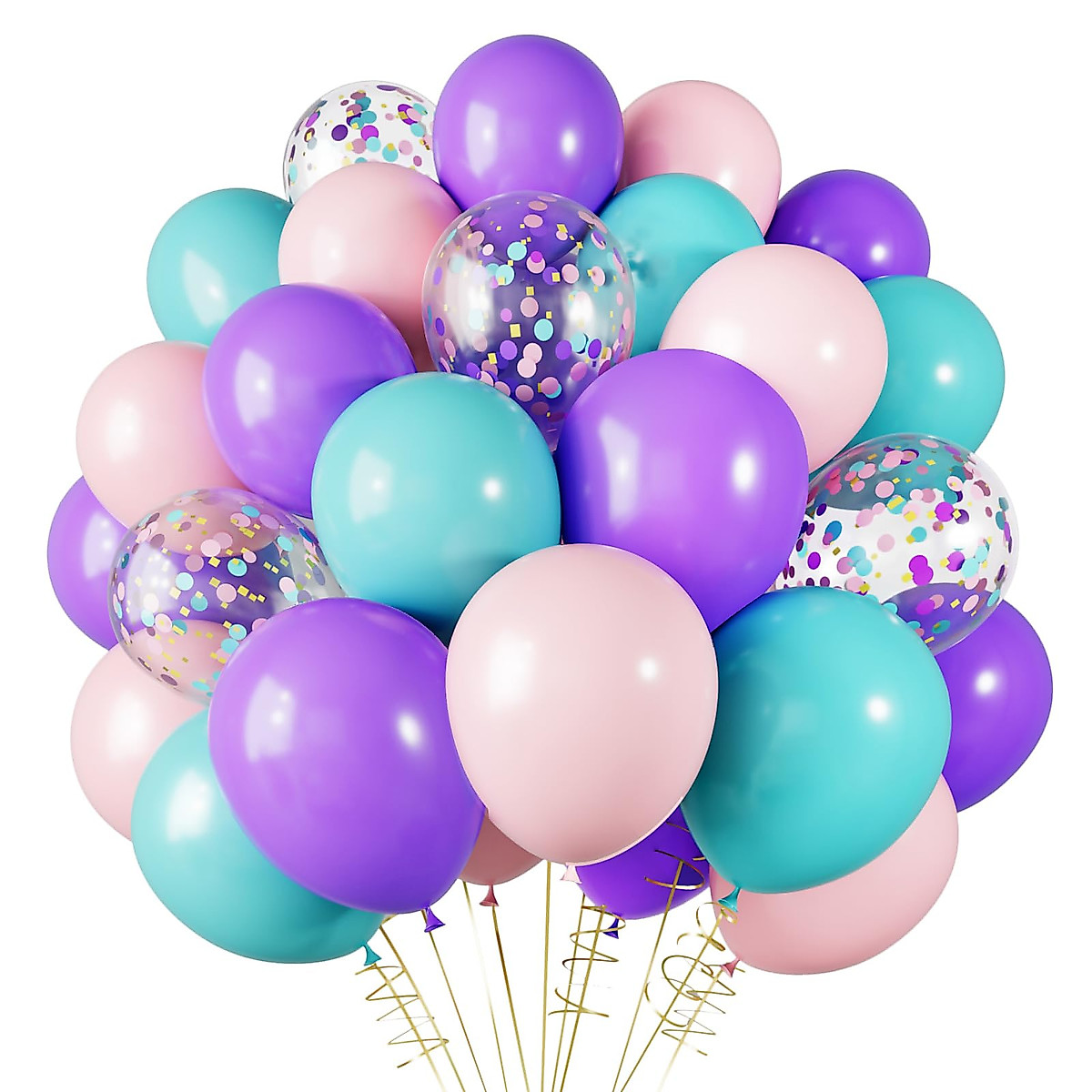 RUBFAC 60pcs Mermaid Balloons with Latex Confetti Balloons, Light Pink Purple Blue Balloons and Ribbons for Birthday Party Decorations Mermaid Party
