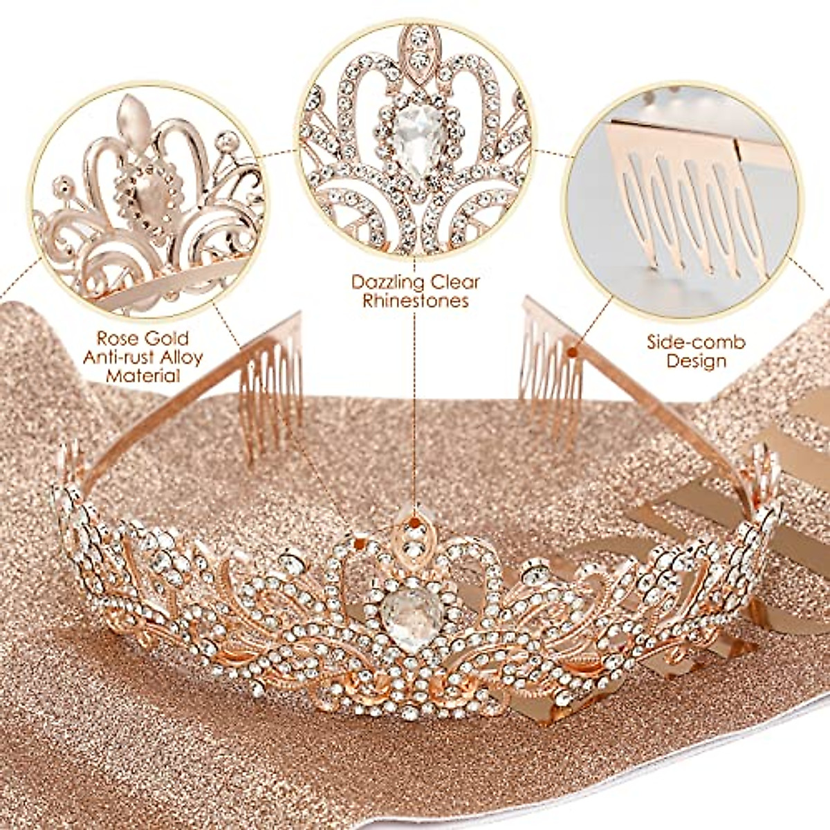 Makone Birthday Tiara for Women, Birthday Queen Crowns with Birthday Girl Sash, Crown for Girls Rose Gold, Rhinestone Tiaras with Combs, Crystal Headband Hair Accessories Glitter Sash for Party