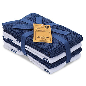 AMOUR INFINI Bundle Pack of 4 Terry Dish Towels + 8 Dish Cloths Ultra Soft and Absorbent Kitchen Towel & Dishcloth Combo - Cotton Dishtowels for Washing Up | Blue