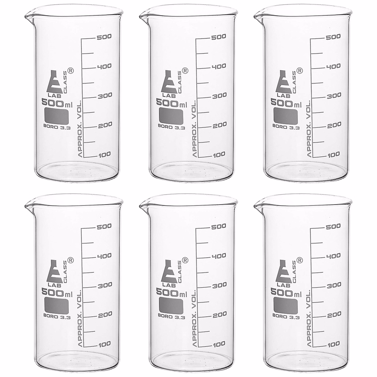 EISCO 6PK Beakers, 500ml - Tall Form with Spout - White, 50ml Graduations - Borosilicate 3.3 Glass