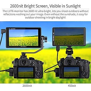 FEELWORLD LUT6 6 Inch 2600nits HDR 3D LUT Touch Screen DSLR Camera Field Monitor with Waveform VectorScope Histogram 4K HDMI Input Output 1920X1080 IPS Panel